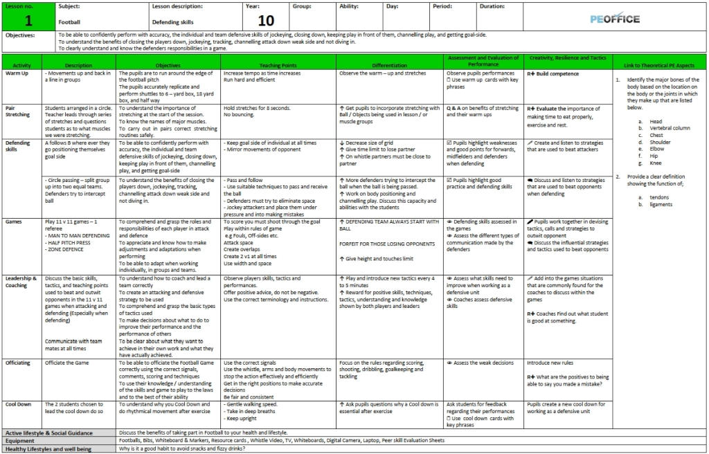 Football Lesson Plan - Defending Skills - PE Blog